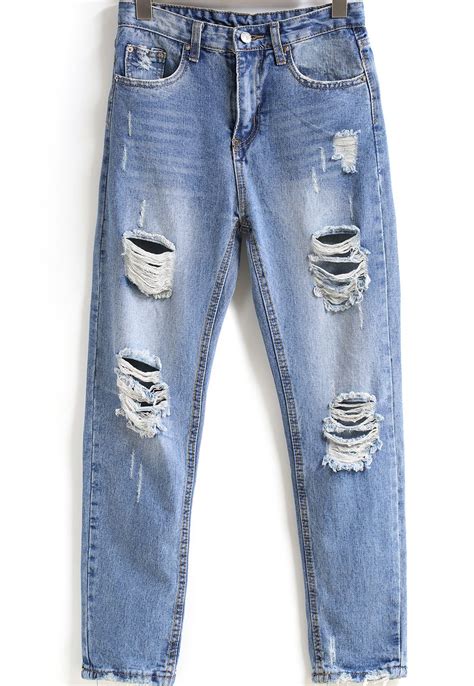 Blue Bleached Ripped Pockets Denim Pant Sheinsheinside Denim Jeans