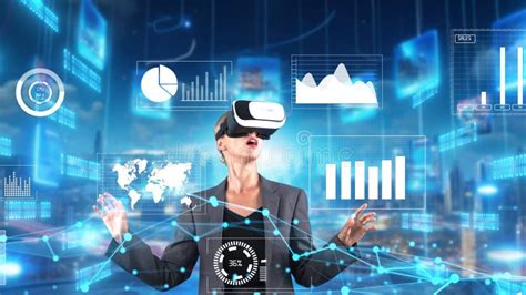 Woman Reporter Explaining Dynamic Market Data Pointing Data By Vr Contraption Stock Image