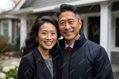 Premium Photo Middle Class Mature Asian Couple In Us Suburbs Home Yard