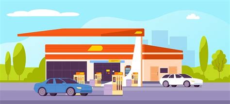 자동차 연료 공급 건물 가솔린 디젤 가스 오일 자동차 스테이션 채우기 연료 길가 상점 조경 도시 서비스 자동 급유 석유 호스 펌프 화려한 벡터 일러스트 레이 션 도로에 대한