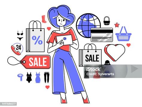 온라인 쇼핑 및 할인 벡터 개요 그림 상품을 관리하는 가상 상점 직원 또는 고객은 큰 선택을하고 저렴한 가격 고문 컨설턴트를