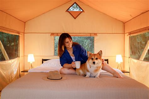 웨일스 어 Corgi Pembroke 개와 함께 휴식을 취하고 여름날 글램 핑에서 커피를 마시는 행복한 젊은 여성 야외