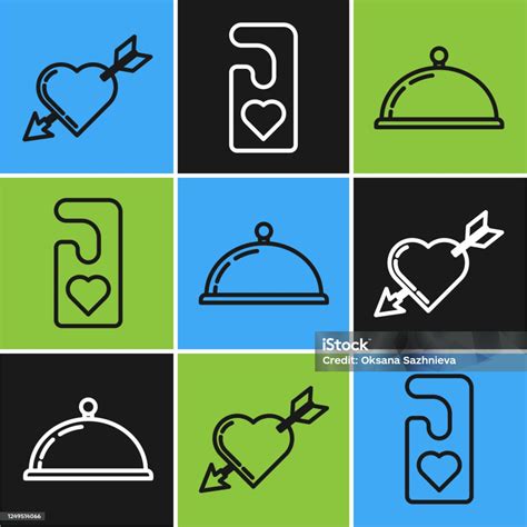 하트와 화살표로 세트 라인 아무르 기호 음식의 트레이로 덮여 심장 아이콘으로 방해하지 마십시오 벡터 가리기에 대한 스톡 벡터