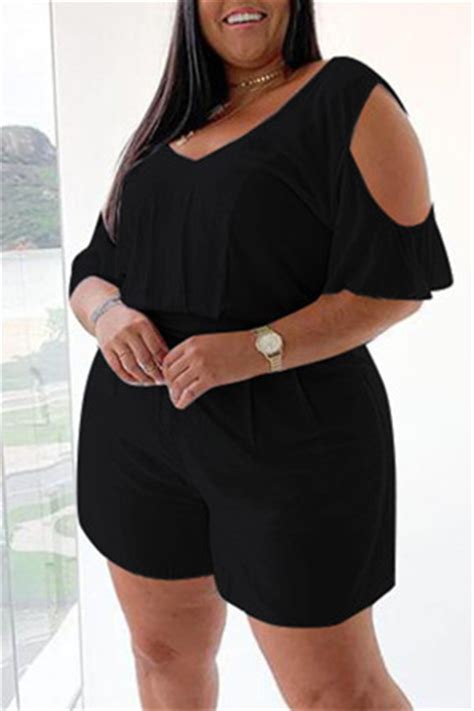 Black Fashion Casual Solid Basic V Neck Plus Size Romperplus Size