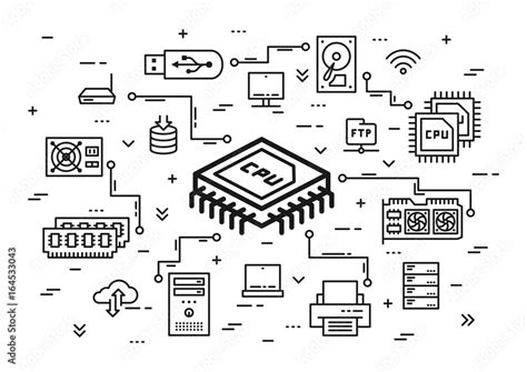 cpu chip and computer components vector illustration hardware elements