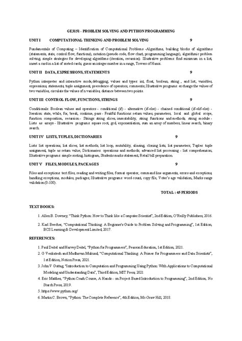 Ge3151 Problem Solving And Python Programming Syllabus Overview Studocu