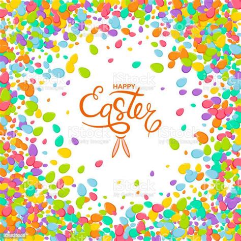 인사말 오렌지 비문 및 흰색 배경에 고립 된 밝은 계란 색종이와 다채로운 부활절 배경 계절에 대한 스톡 벡터 아트 및 기타