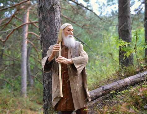 Premium Ai Image A Wooden Figure Of An Old Man In The Forest