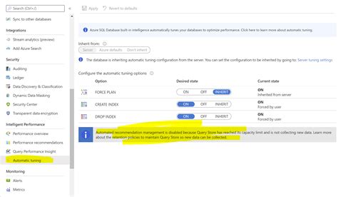 Azure Automated Recommendation Management Is Disabled Because Query Store Has Reached Its