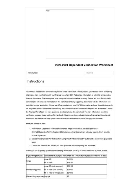 2023 24 Dependent Verification Worksheet Draft Pdf Internal