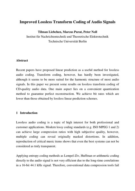 Pdf Improved Lossless Transform Coding Of Audio Signals