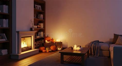 Cozy Living Room With Fireplace And Pumpkins For Autumn Stock Illustration Illustration Of