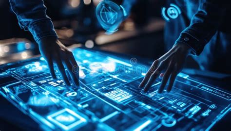 Two Hands Interacting With Futuristic Blue Digital Interface Stock