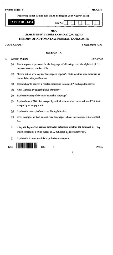 Mca 4 Sem Theory Of Automata And Formal Languages Mcae15 2013 Printed Pages 3 Mcae15