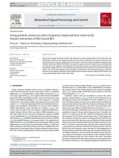 Pdf Using Particle Swarm To Select Frequency Band And Time Interval For Feature Extraction Of