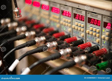 Electronic Signal Processing Devices In A Science Lab Many Connected Cables In Sockets