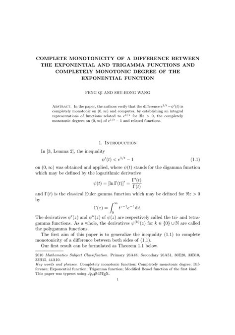 Pdf Complete Monotonicity Of A Difference Between The Exponential And Trigamma Functions And