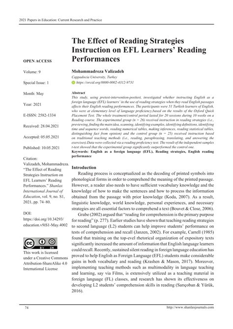 Pdf The Effect Of Reading Strategies Instruction On Efl Learners Reading Performances