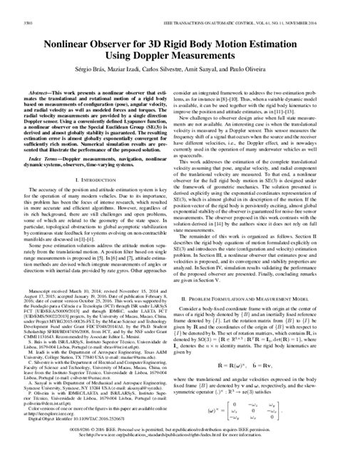 Pdf Nonlinear Observer For 3d Rigid Body Motion Estimation Using Doppler Measurements