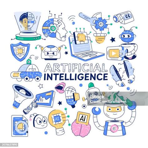 기계 학습과 스마트 기술의 다양한 요소를 상징하는 낙서 벡터 테크놀로지에 대한 스톡 벡터 아트 및 기타 이미지 테크놀로지