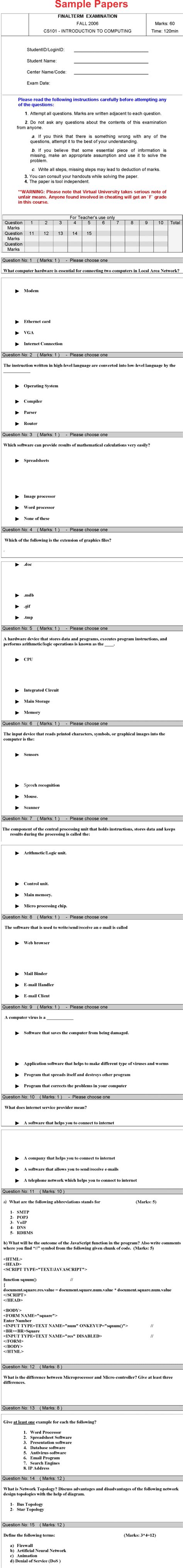 Cs101 Introudction To Computing Bsc Mathematics Vu University Past