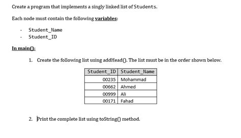 Solved Create A Program That Implements A Singly Linked List