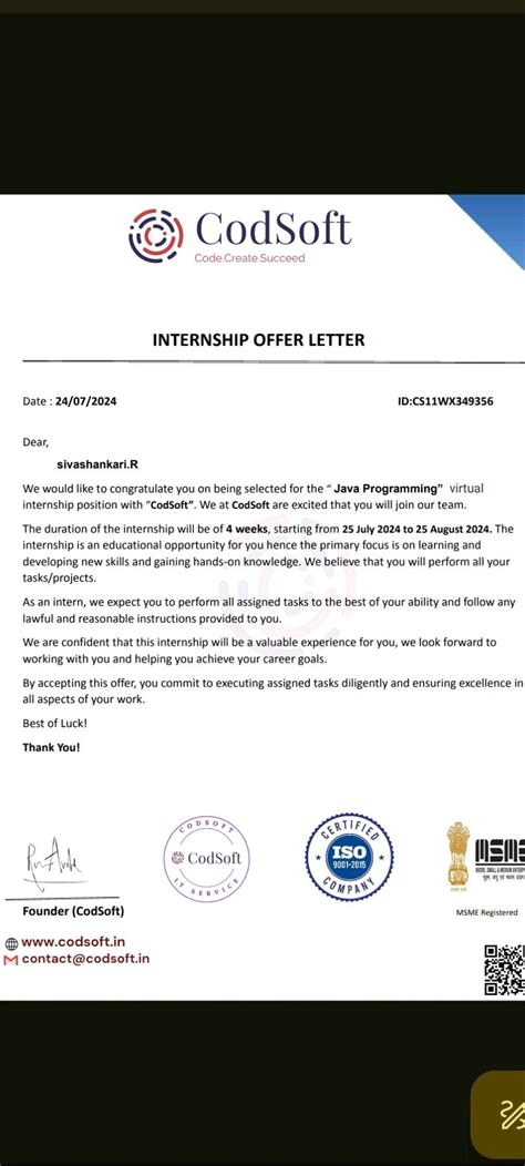 Siva Shankari On Linkedin Internship Javaprogramming Codesoft