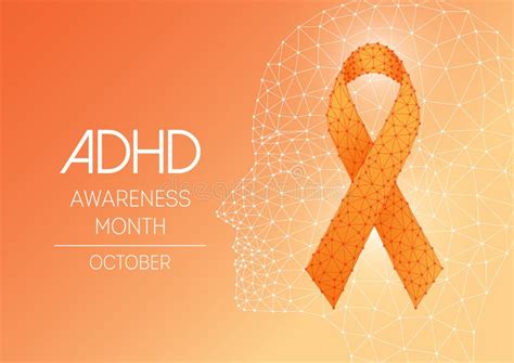 Adhd Awareness Month October Web Banner With Orange Ribbon And Head