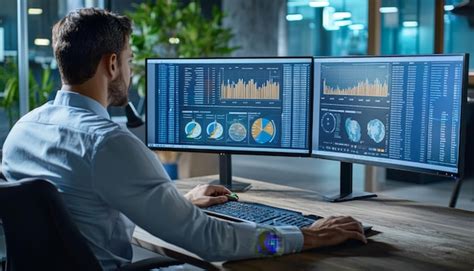 Financial Analyst Working On A Computer With Multimonitor Setup Premium Ai Generated Image