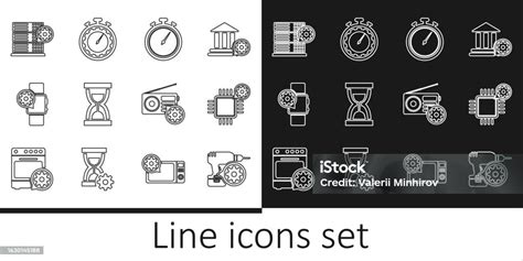 라인 드릴 머신 설정 프로세서 스톱워치 모래가 있는 오래된 모래시계 스마트워치 서버 라디오 및 시간 관리 아이콘을 설정합니다 벡터 Cpu에 대한 스톡 벡터 아트 및 기타