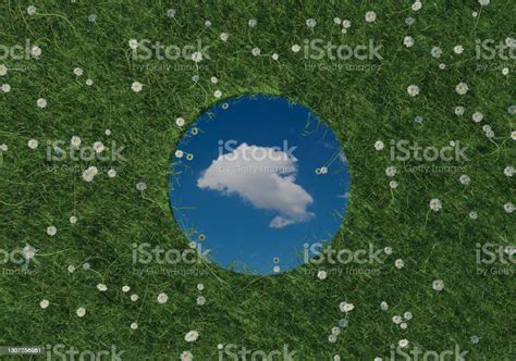 단일 흰색 구름을 반사하고 흰색 데이지로 둘러싸인 원형 거울의 3d 렌더링 자연 스타일 컨셉의 플랫 레이 거울에 대한 스톡 사진 및 기타 이미지 Istock