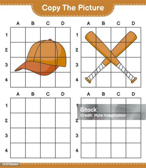 그림을 복사그리드 라인을 사용하여 캡 햇과 야구 방망이의 사진을 복사합니다 교육 어린이 게임 인쇄 워크 시트 벡터 일러스트레이션 0명에 대한 스톡 벡터 아트 및 기타 이미지