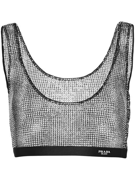 Prada Rhinestone Embellished Mesh Crop Top Silver Farfetch
