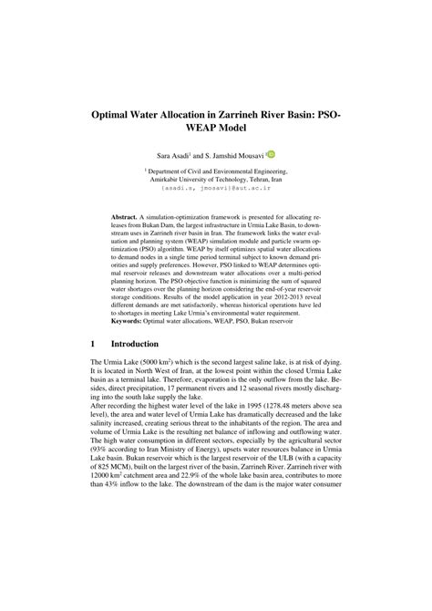 Pdf Optimal Water Allocation In Zarrineh River Basin Pso Weap Model