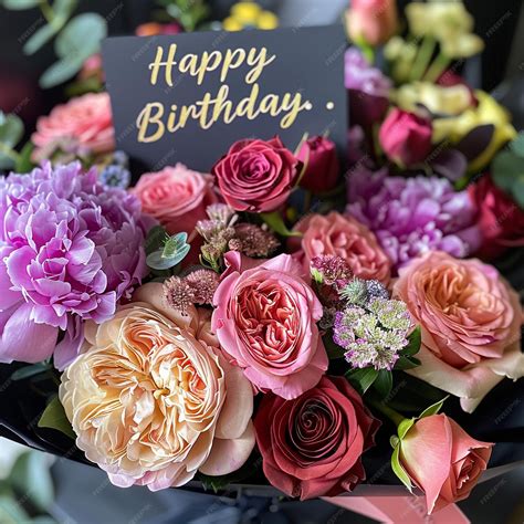 A Bouquet Of Flowers With A Sign Saying Happy Birthday Premium Ai