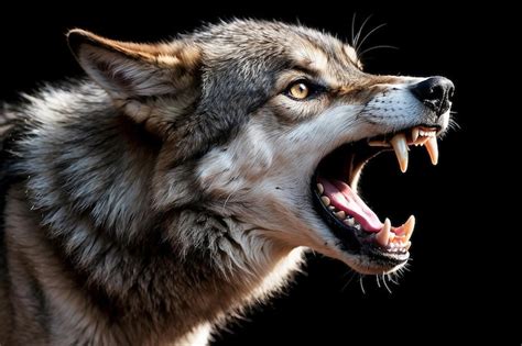 Волк с открытым ртом и черным фоном Премиум Ai сгенерированное