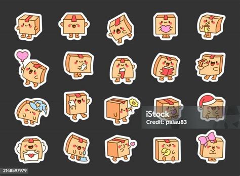 재미있는 얼굴이 있는 귀여운 Kawaii 배달 상자 스티커 책갈피 행복한 소포 만화 캐릭터입니다 손으로 그린 스타일입니다 벡터 그리기 디자인 요소 모음 가공의 인물에 대한