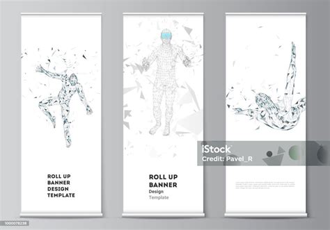 롤 배너 스탠드 수직 전단지를 편집 레이아웃의 벡터 일러스트 레이 션 플래그 비즈니스 템플릿 디자인 가상 현실 안경 남자입니다
