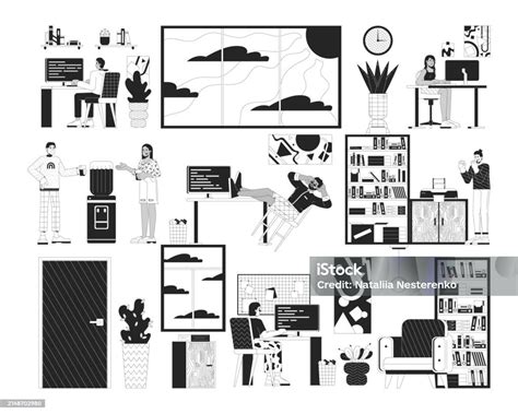 사무실 생활 흑백 2d 일러스트 컨셉 사람들에 대한 스톡 벡터 아트 및 기타 이미지 사람들 사무실 편집 가능한 스트로크 Istock