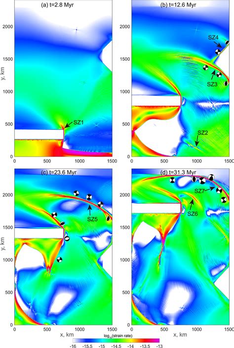 Second Invariant Of The Total Strain Rate Tensor At 10‐km Depth At Four Download Scientific