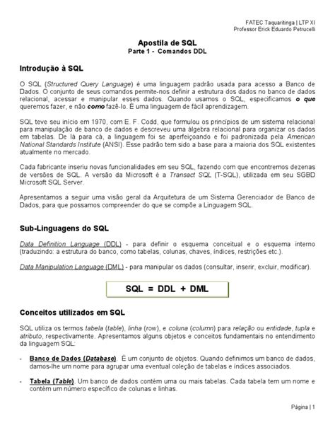 Apostila Parte 1 Comandos Ddl Pdf Sql Tabela Banco De Dados