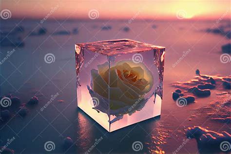 White Rose Flower Trapped In Ice Block On Frozen Icy Background Valentine S Love Concept Stock