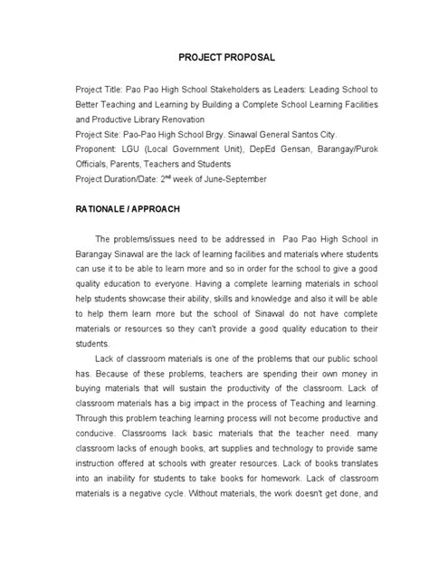 Project Proposal Rationale Approach Pdf Schools Classroom