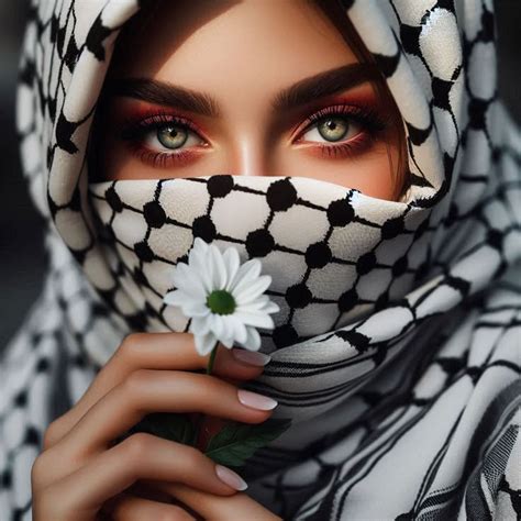 فتاة جميلة محجبة ترتدي الكوفية الفلسطينية 🇵🇸 مع وردة بيضاء 🌷🤍 Resimler