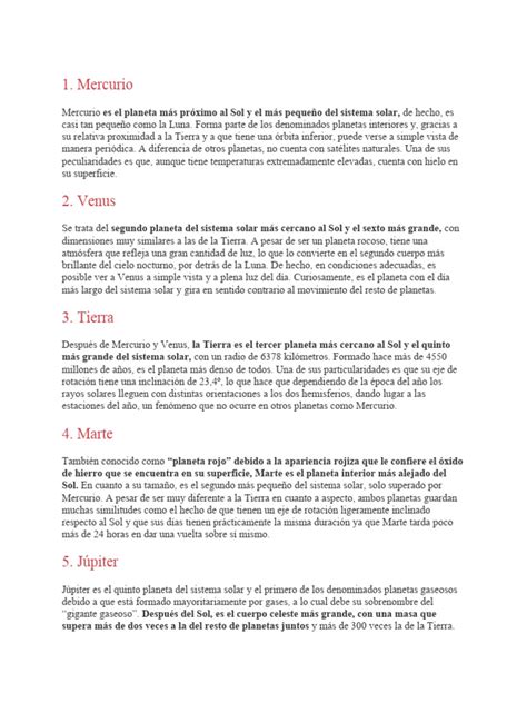 Características De Mercurio Para Niños Pdf Sistema Solar Planetas