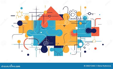 Modern Abstract Composition With Interlocking Puzzle Shapes Circuit Like Lines In Blue Orange