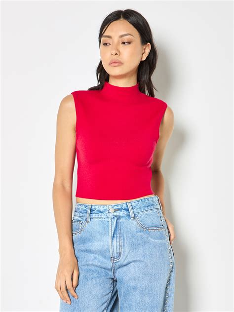 High Neck Knitted Crop Top Apricot Clothing