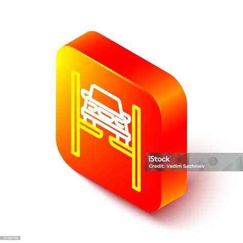 아이소메트릭 라인 흰색 배경에 격리된 리프트 아이콘에 수리 자동차 하부 서스펜션 휠 및 엔진 수리 주황색 사각형 버튼 벡터 3