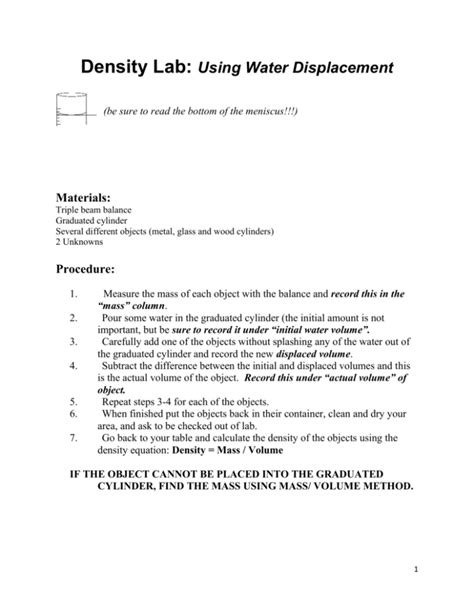 Density Lab Water Displacement Worksheet