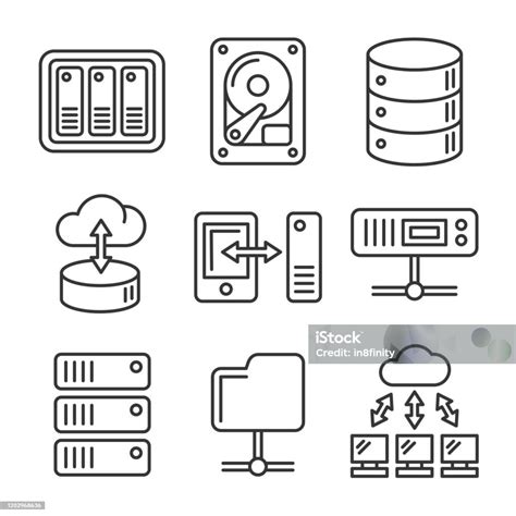 네트워킹 파일 공유 및 Nas 서버 아이콘 세트 선 스타일 벡터 네트워크 서버에 대한 스톡 벡터 아트 및 기타 이미지 네트워크 서버 일러스트레이션 Usb 케이블
